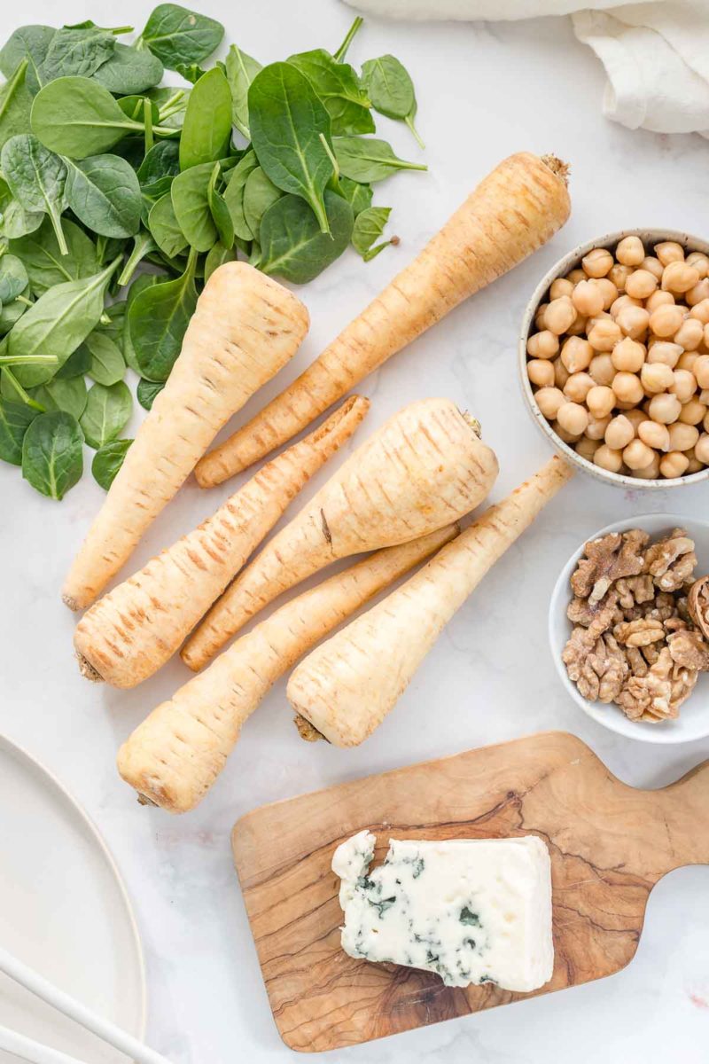 Parsnip Salad with Chickpeas, Apple, Walnuts & Blue Cheese