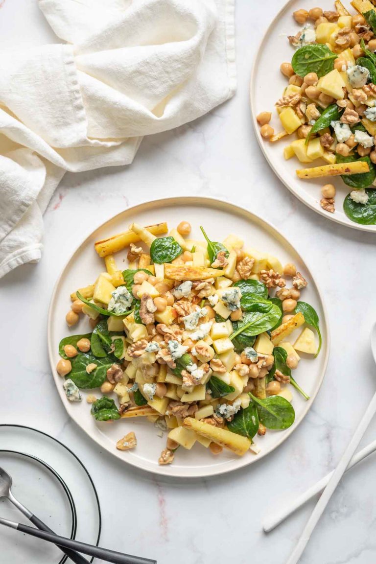 Parsnip Salad with Chickpeas, Apple, Walnuts & Blue Cheese
