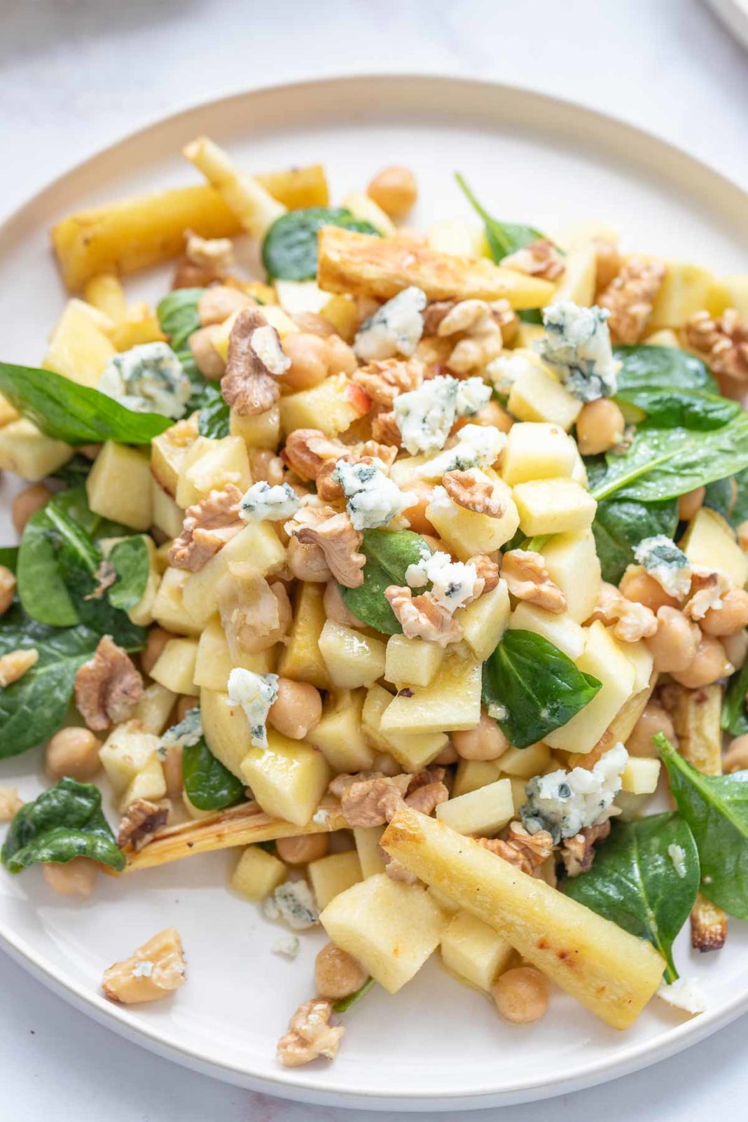 Parsnip Salad with Chickpeas, Apple, Walnuts & Blue Cheese
