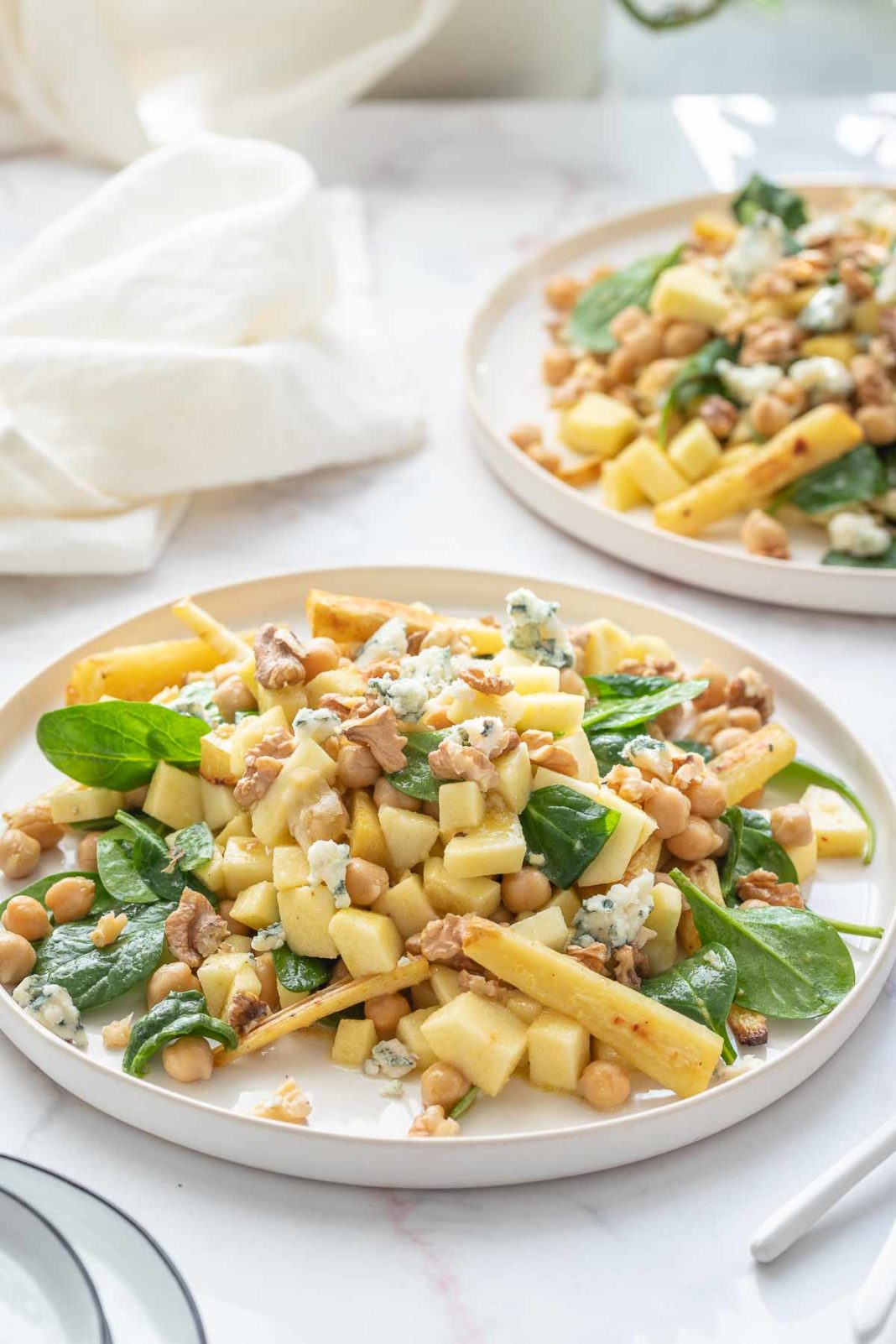 Parsnip Salad with Chickpeas, Apple, Walnuts & Blue Cheese